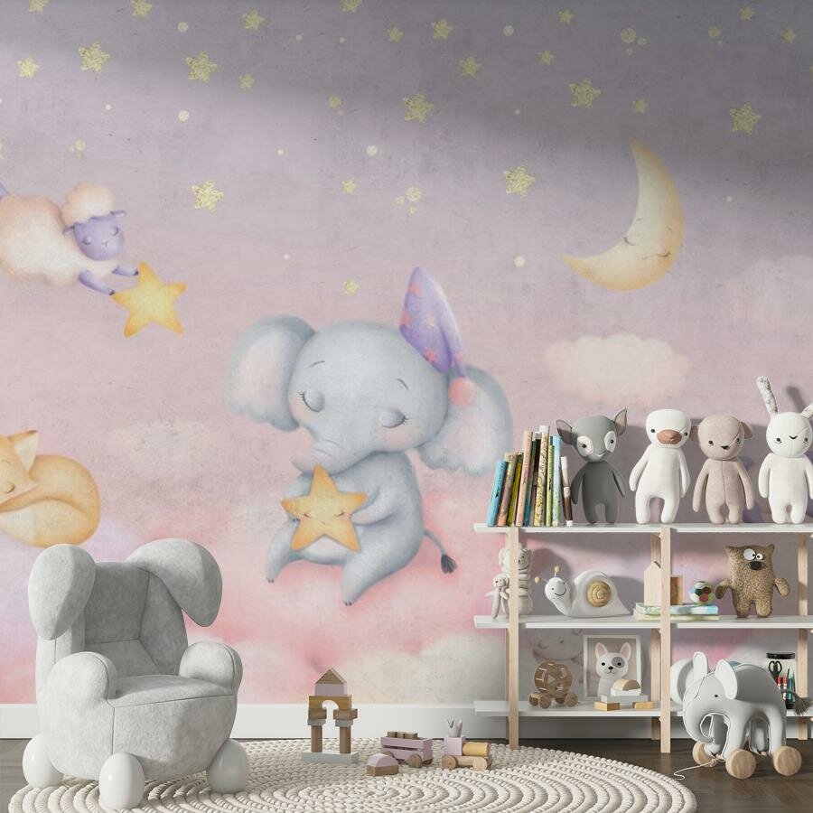 Фотообои Слоник на облачке 12-1834-S-Флок 270 x 200 см (ВхШ) Бесшовные, флизелиновые, влагостойкие обои