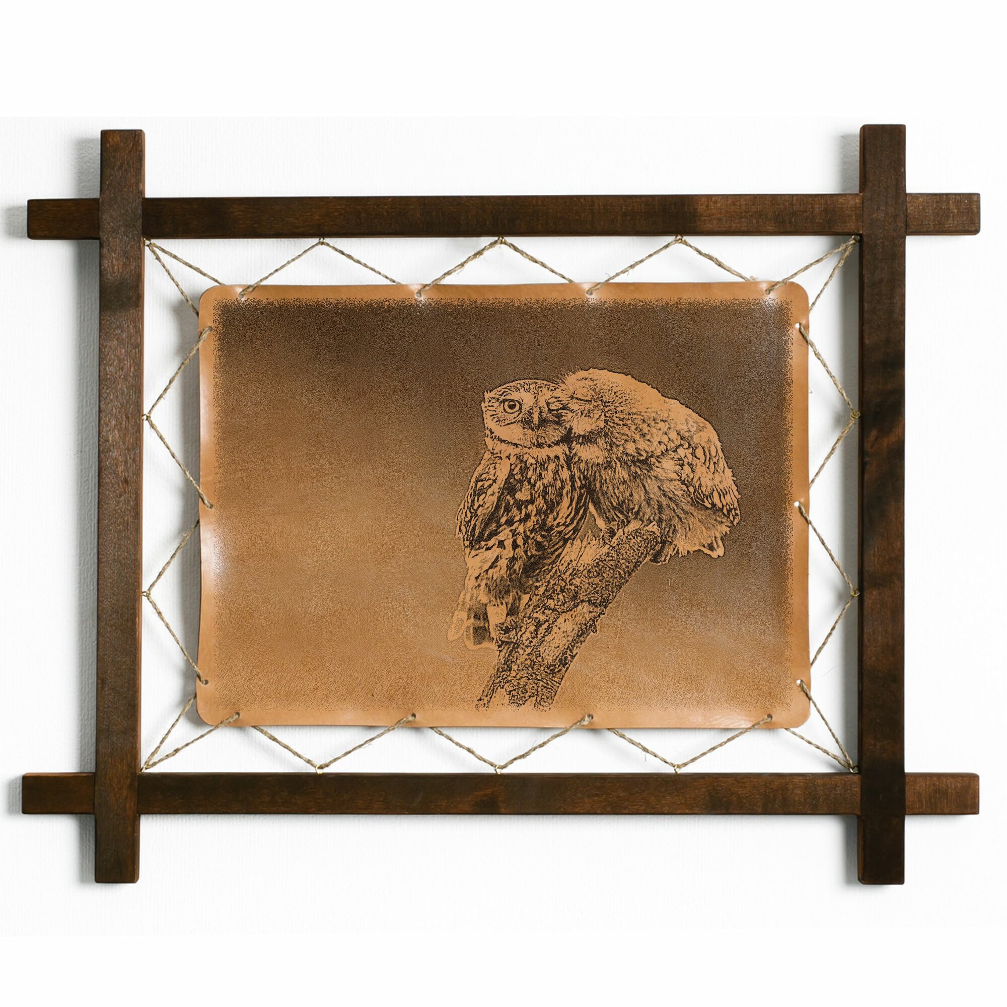 Интерьерная картина из натуральной кожи "Совушки", декоративное настенное панно в деревянной раме, BoomGift