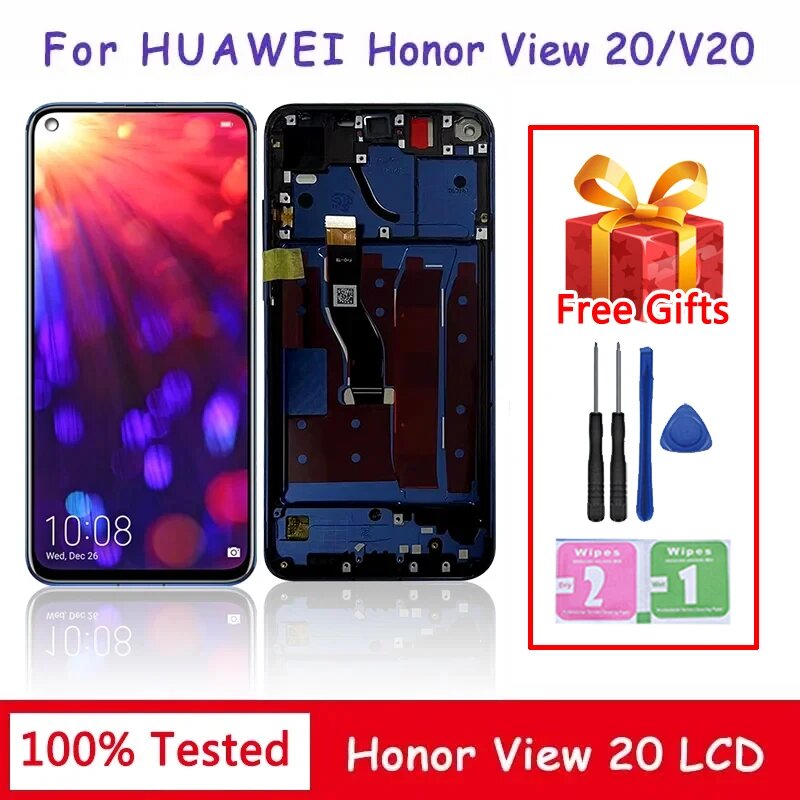6,4-дюймовый тест для Huawei Honor View20 V20, сенсорная ЖК-панель, экран Pantalla, дигитайзер в сборе для HonorView20 HonorV20, ЖК-дисплей with Black Frame