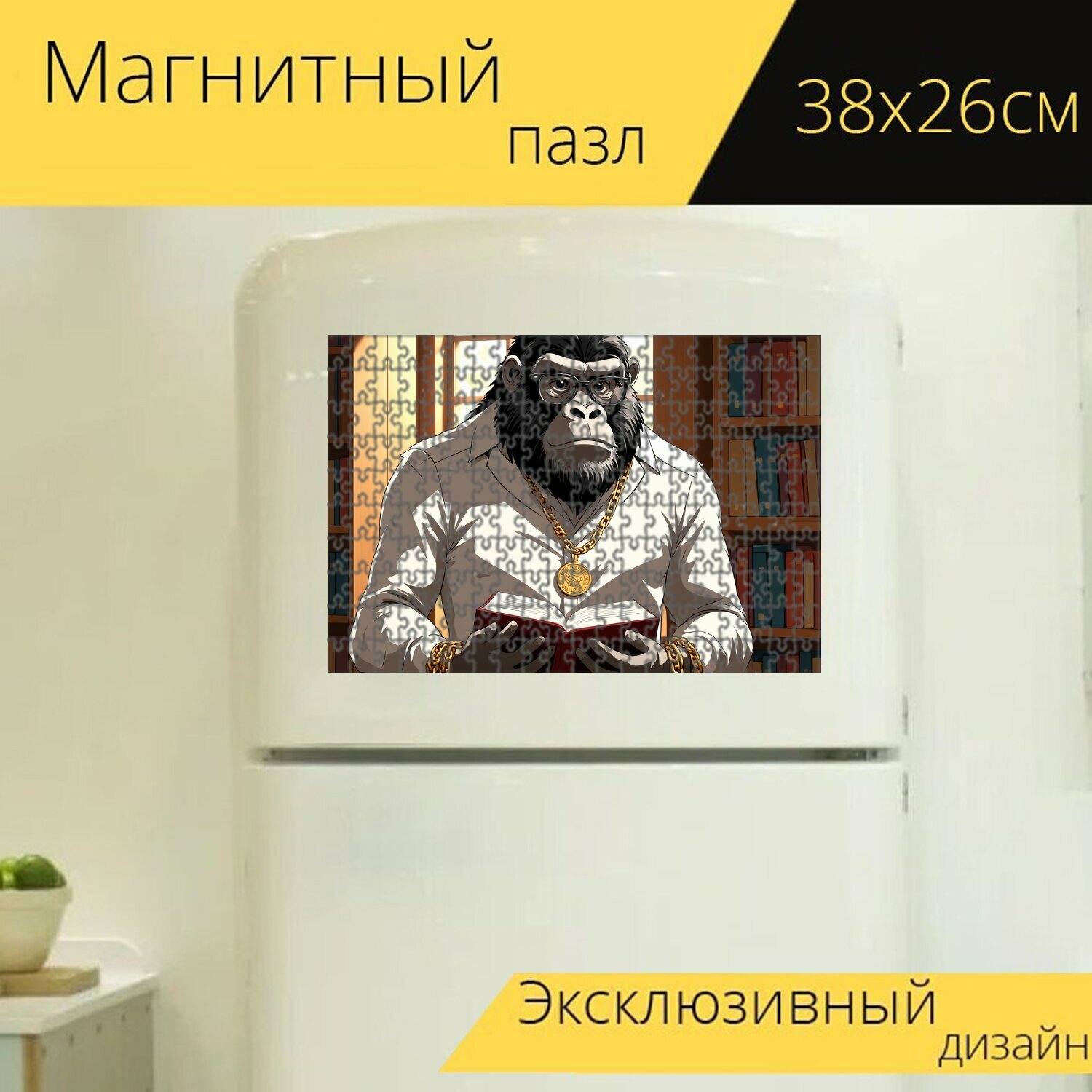 Магнитный пазл "Мудрая горилла в очках, одетая в белую рубашку с распахнутым воротником, стоит в уютной библиотеке, держа в руках книгу. У него длинные." для интерьера, 38х26 см.