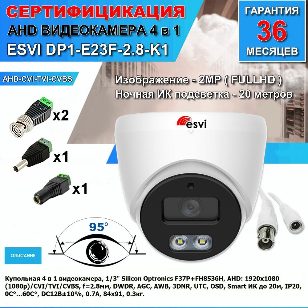 Видеокамера ESVI DP1-E23F-2.8-K1 внутренняя с разъемами