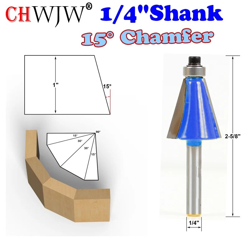 Деревообрабатывающий фреза 1/4 "с хвостовиком и конической фреза для отделки кромки, деревообрабатывающий резак, 1 шт, 15 градусов