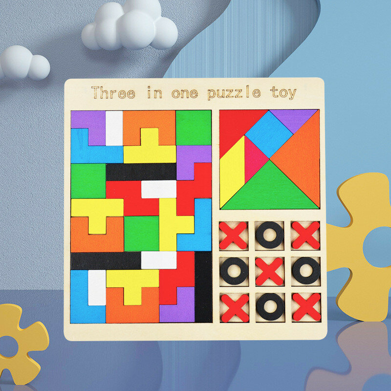 Preschool wooden tetris tangram puzzle board with letter blocks for creative play and learning