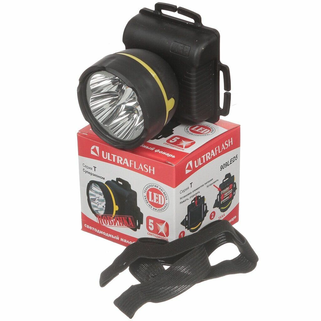Налобный фонарь Ultraflash пластик, черный, светодиодный, LED