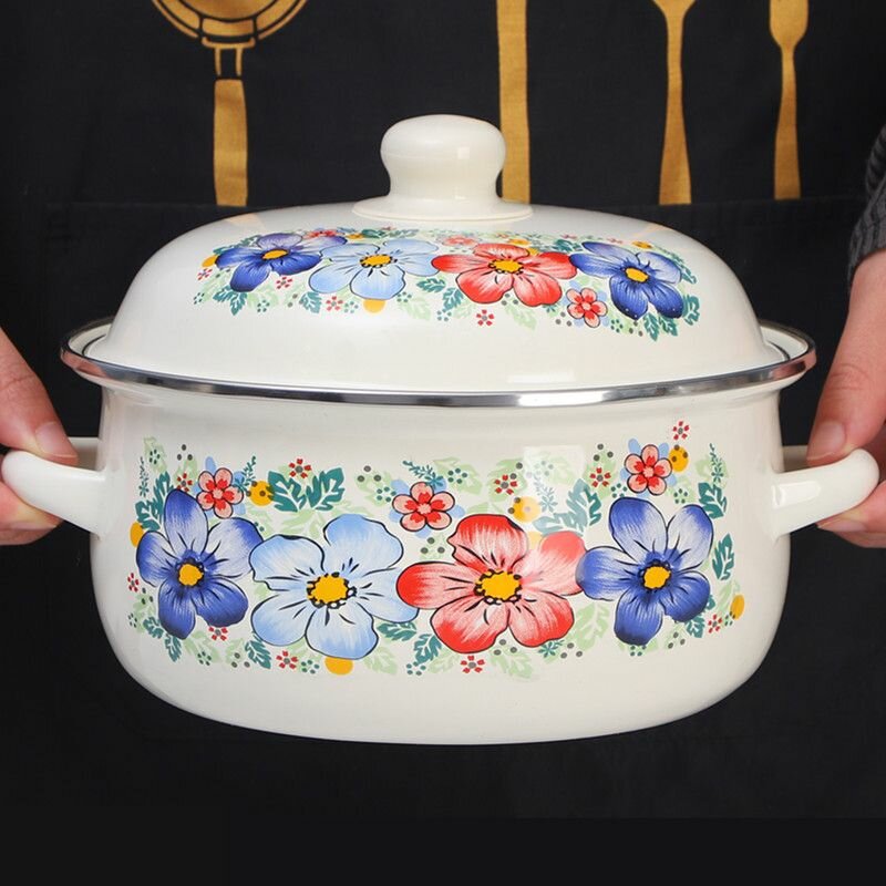 Аутентичный эмалированный горшок, эмалированный суповой горшок, горячий масляный маленький горшок, горшок с двумя ручками, горшок для тушенки, горшок для лапши быстрого приготовления, горшок для сала с крышкой для газа