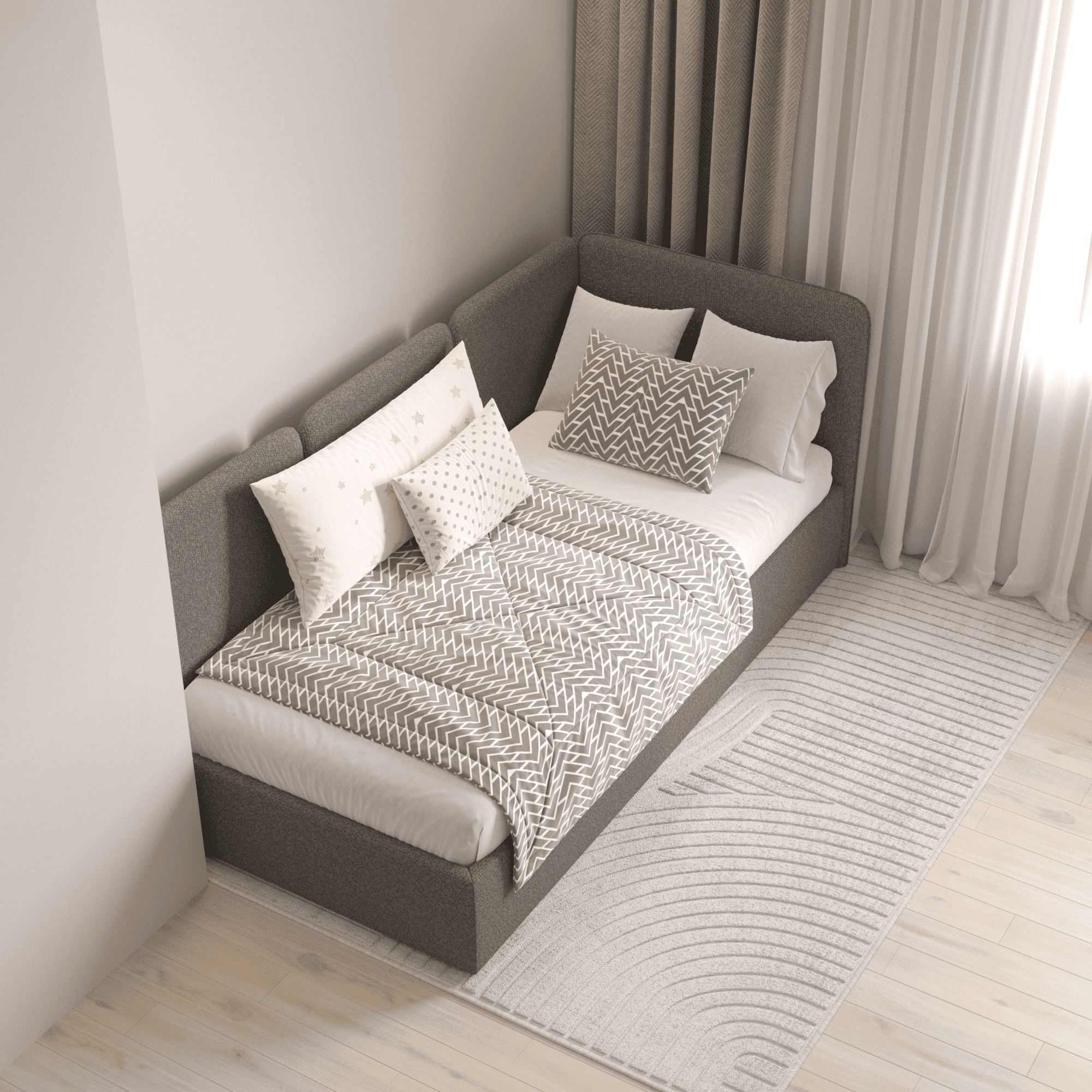 Кровать детская угловая дизайнерская 90х190 «Луна», ткань букле , мягкая кровать