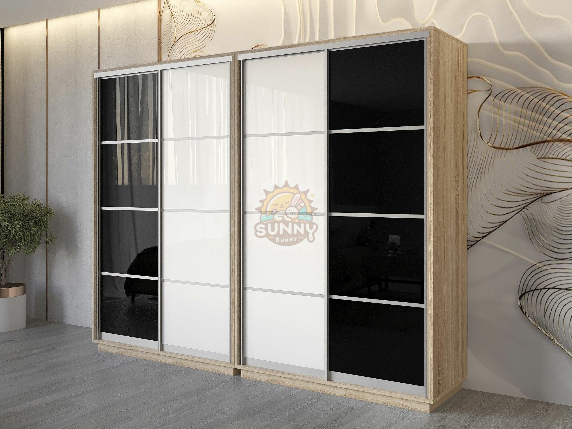 Шкаф-купе Флорида 4дв. (2+2) Стекло черное 2/Стекло белое 2, профиль серебро, 280х60х220 см. Сонома