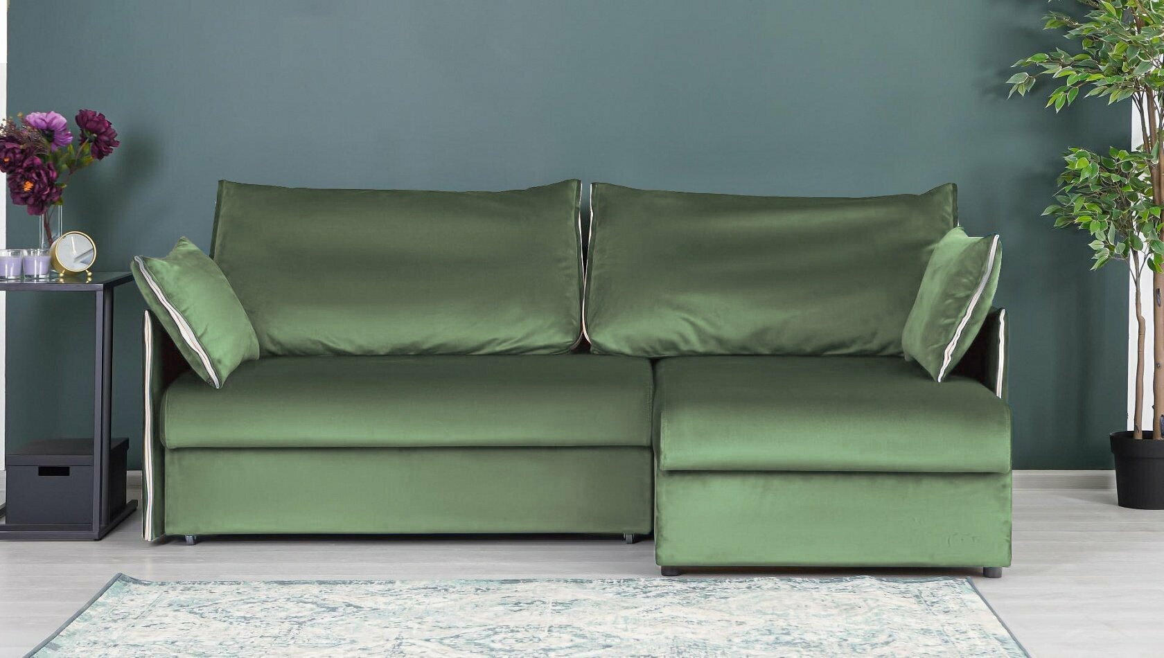 Диван угловой Ингвар, Еврокнижка, 211х147, раскладной, с ящиком для белья, в гостиную, Независимые пружины, Велюр зеленый Vip 006