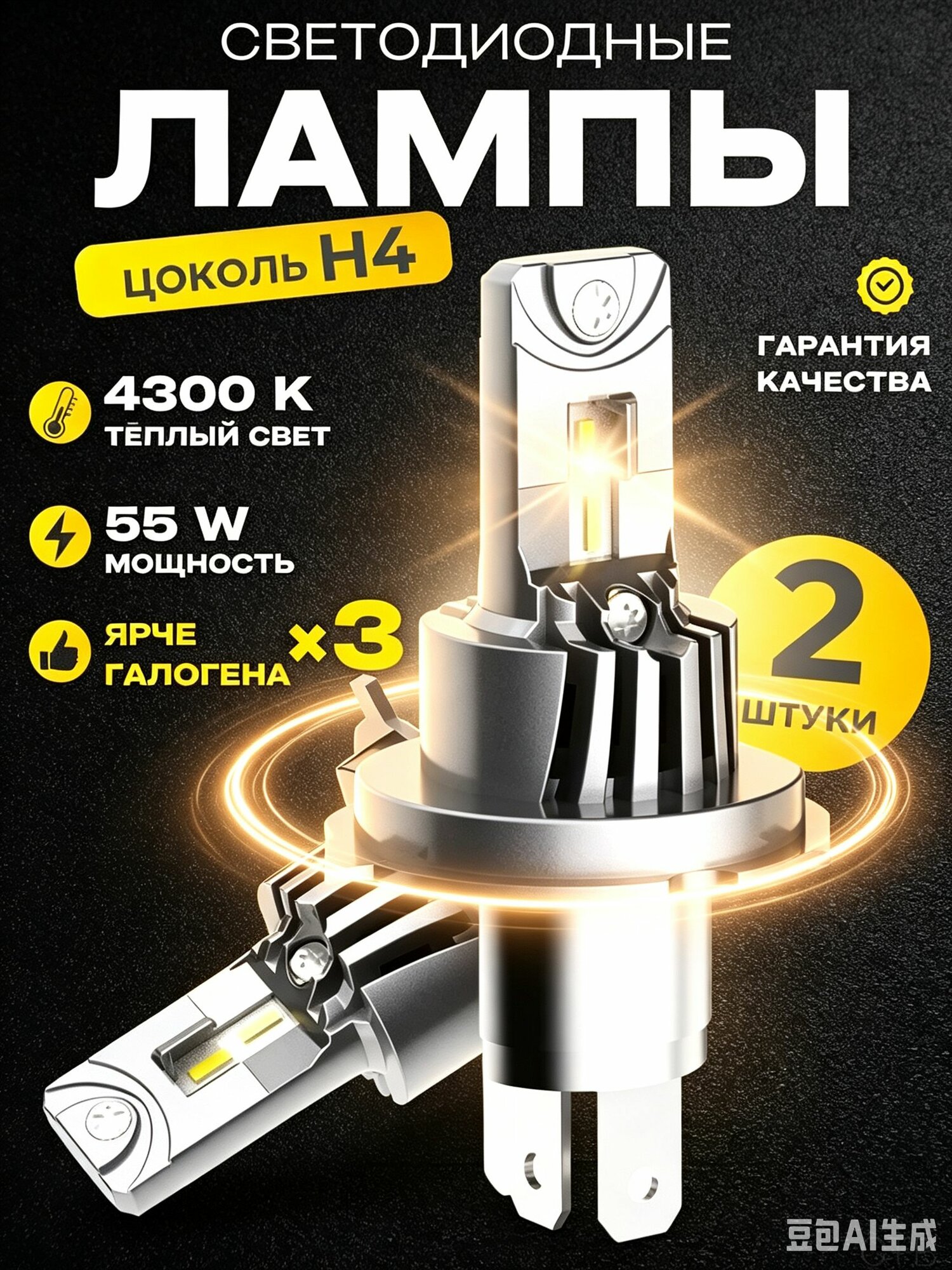 Прожектор автомобильный, 2 шт, арт. A51-H4-4300