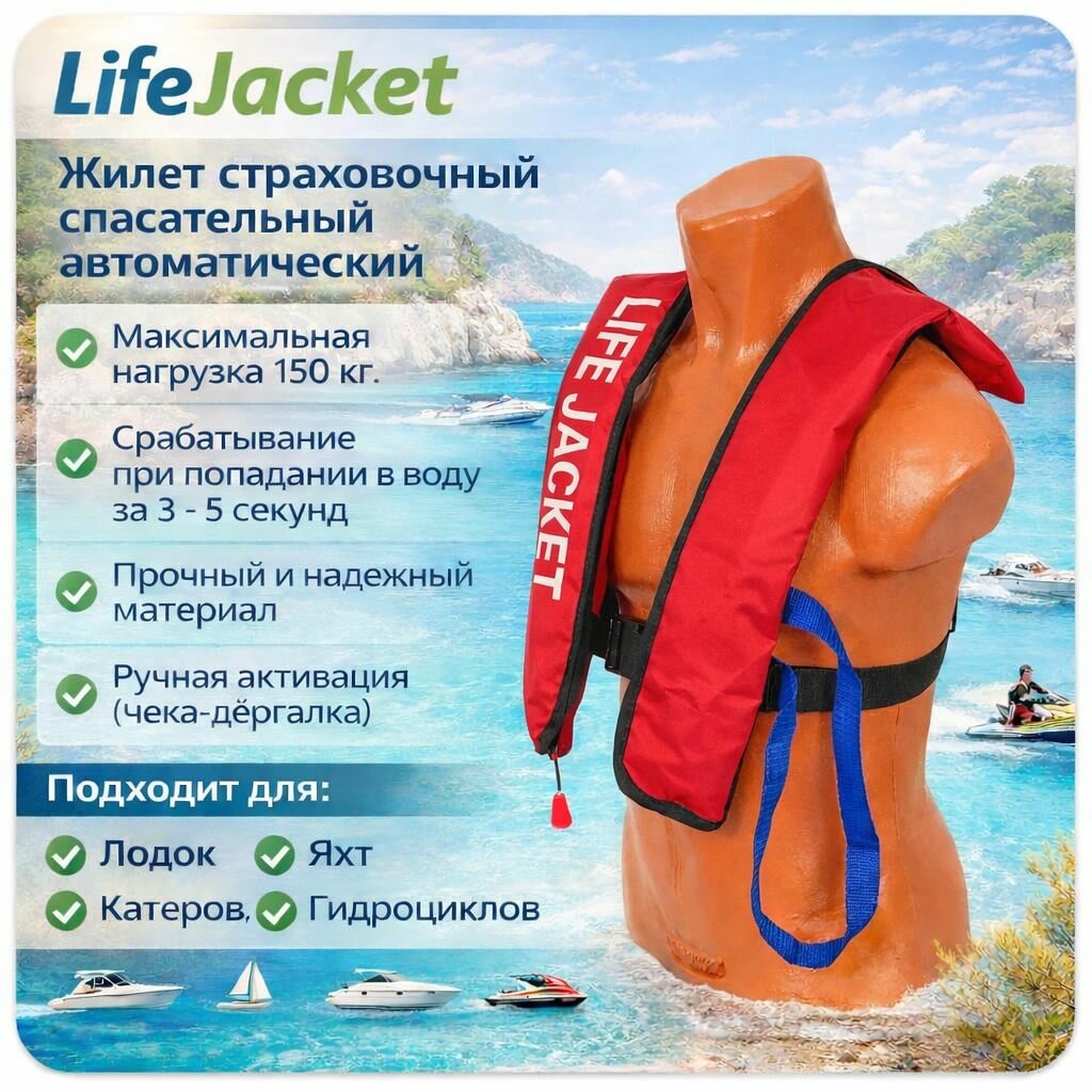Жилет спасательный (страховочный) автоматический LifeJacket красный