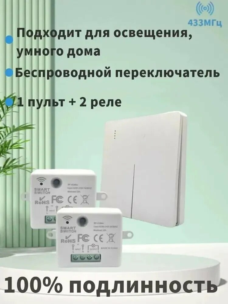 Беспроводной выключатель света двухклавишный дистанционный с двумя приемниками 433 МГц 220В