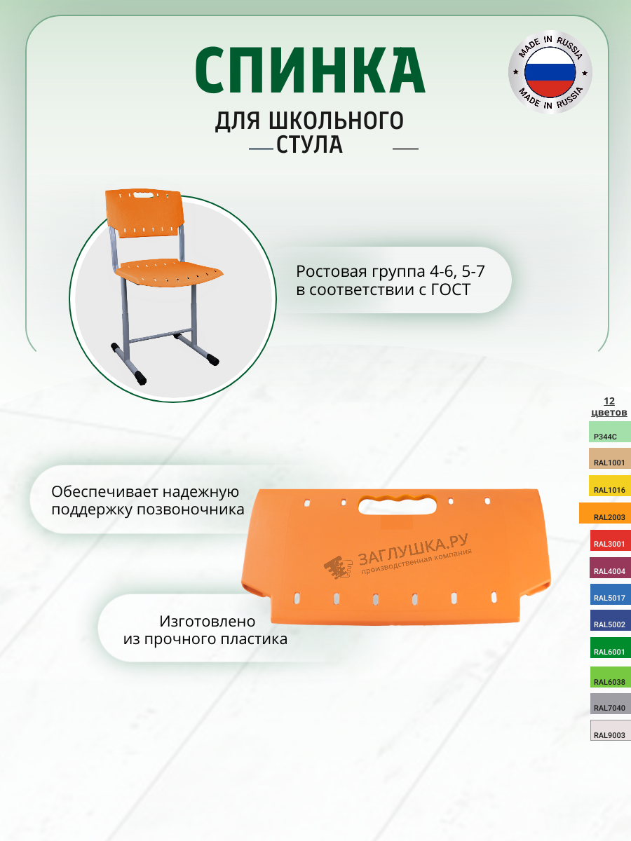 Спинка пластиковая для школьного стула, каркасов школьной мебели и каркасов изо
