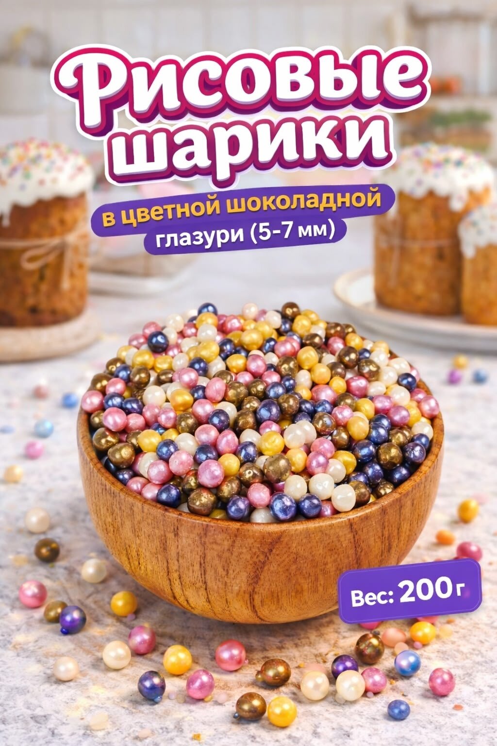 Рисовые шарики в цветной шоколадной глазури (5-7 мм) бисер, 200 г