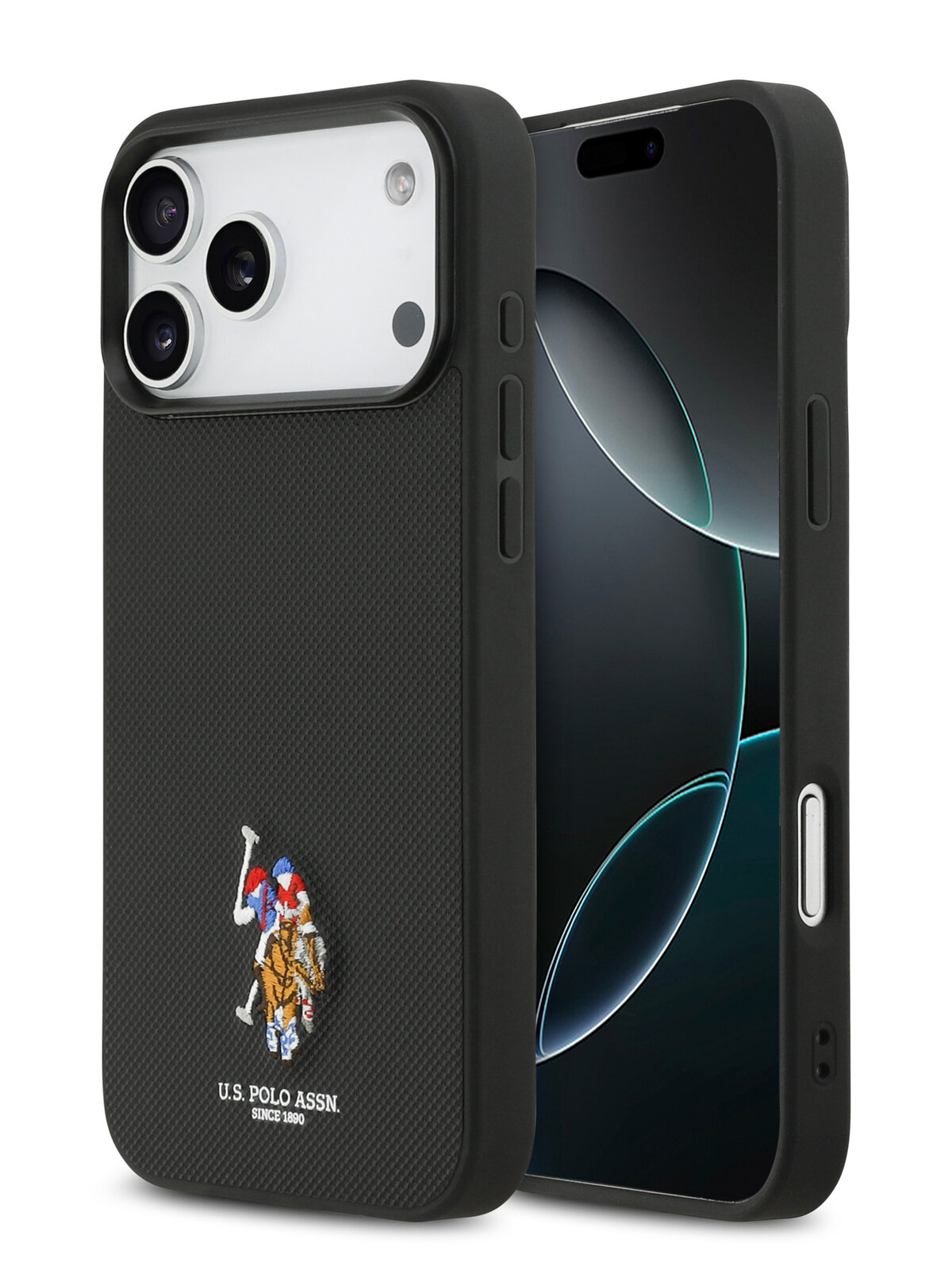 Чехол U.S. Polo на iPhone 17 Pro, с ПВХ-покрытием, с защитной рамкой камеры, черный