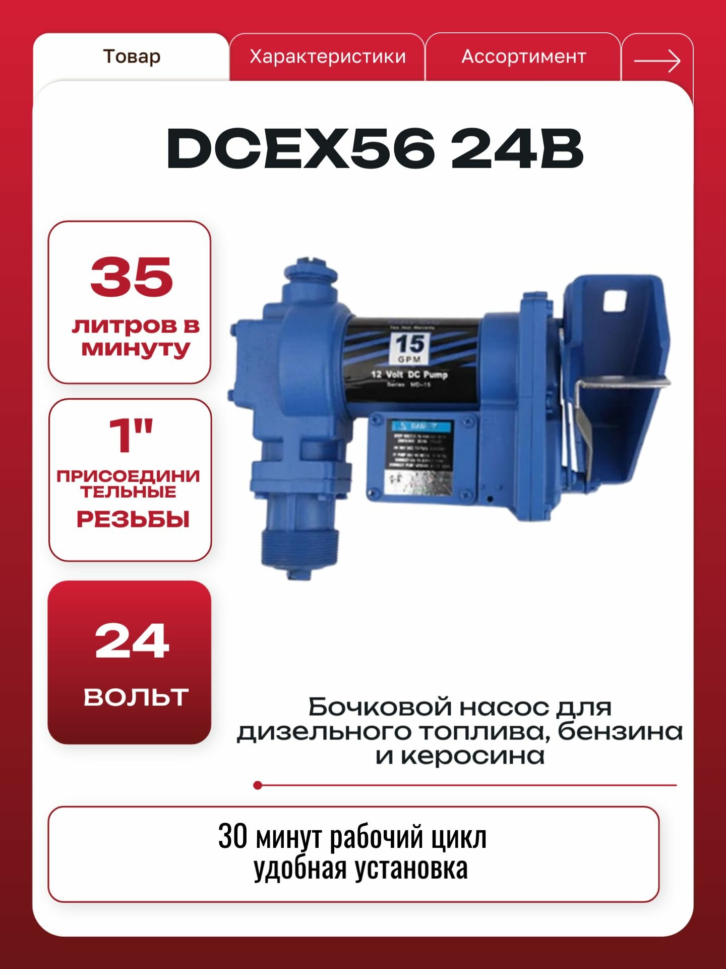 Насос перекачки топлива / бензина DCEX56-24 1" (30 л/мин, 24в) для установки на бочку!