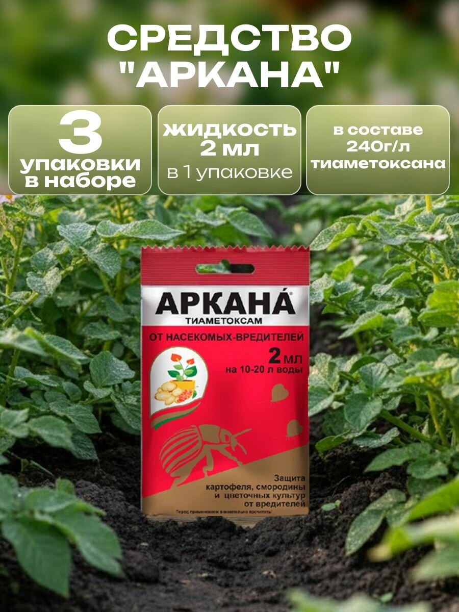 Средство от насекомых "Аркана", 3 упаковки по 2 мл от тли, белокрылки, щитовки, колорадского жука, почвенных мушек на картофеле, смородине