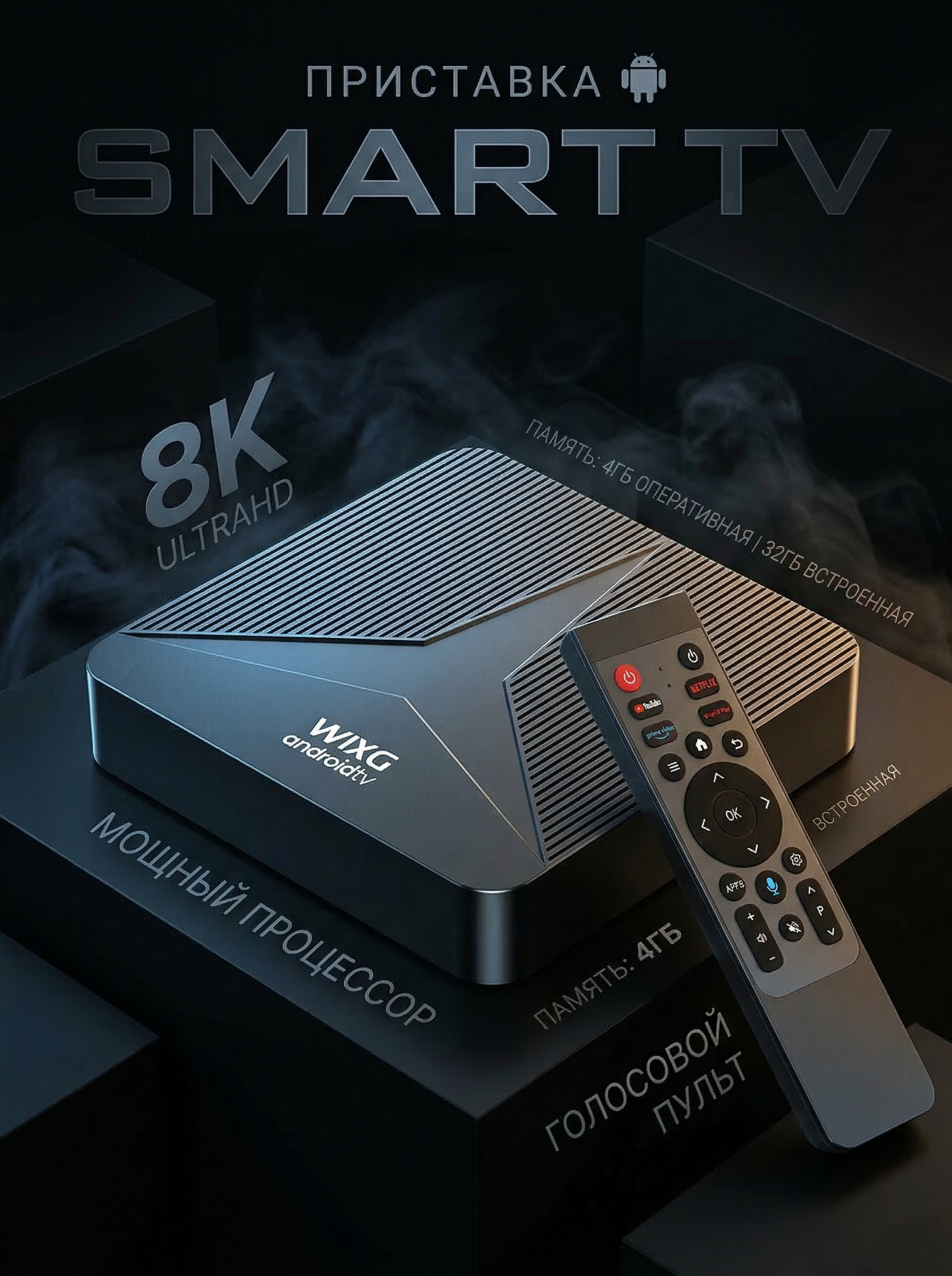 Медиаплеер Смарт ТВ приставка Android, 4ГБ/32 ГБ, Bluetooth, Wi-Fi, черный матовый