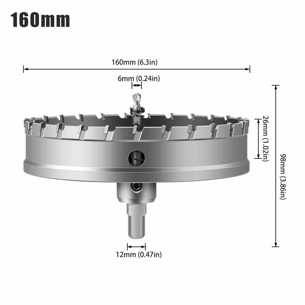 Диаметр долота из твердосплава 160 мм, диаметр рукоятки 10 мм, общая длина долота 96 мм.