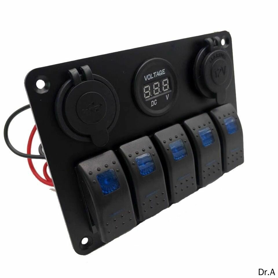 Стильная панель управления 12 В с 5 клавишами фиксации, 2 USB, прикуривателем и вольтметром премиум для консоли катера лодки яхты вездехода автодома