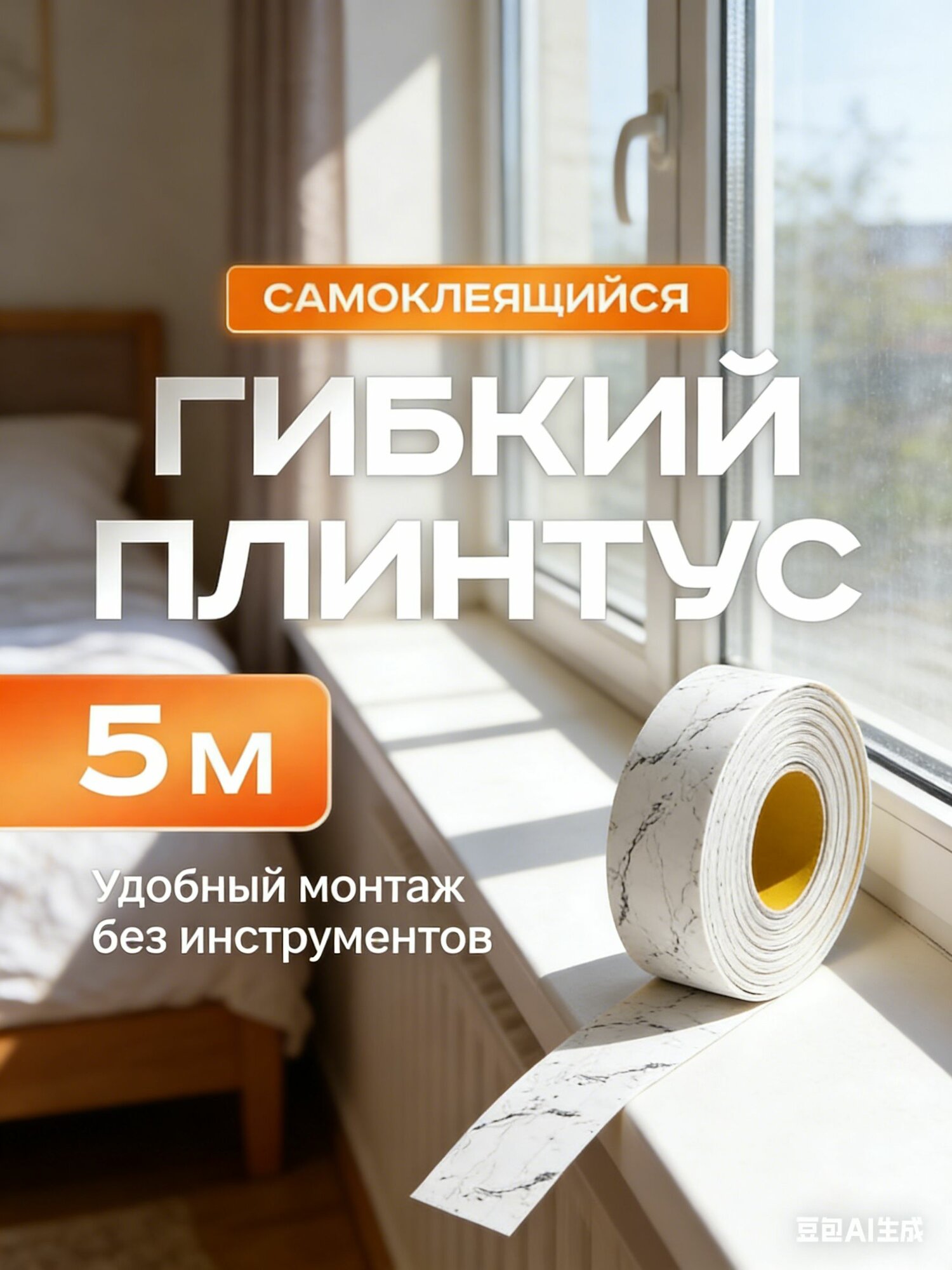 Плинтус гибкий напольный самоклеющийся, 38мм х 5м, белый мрамор , гибкий плинтус для пола.