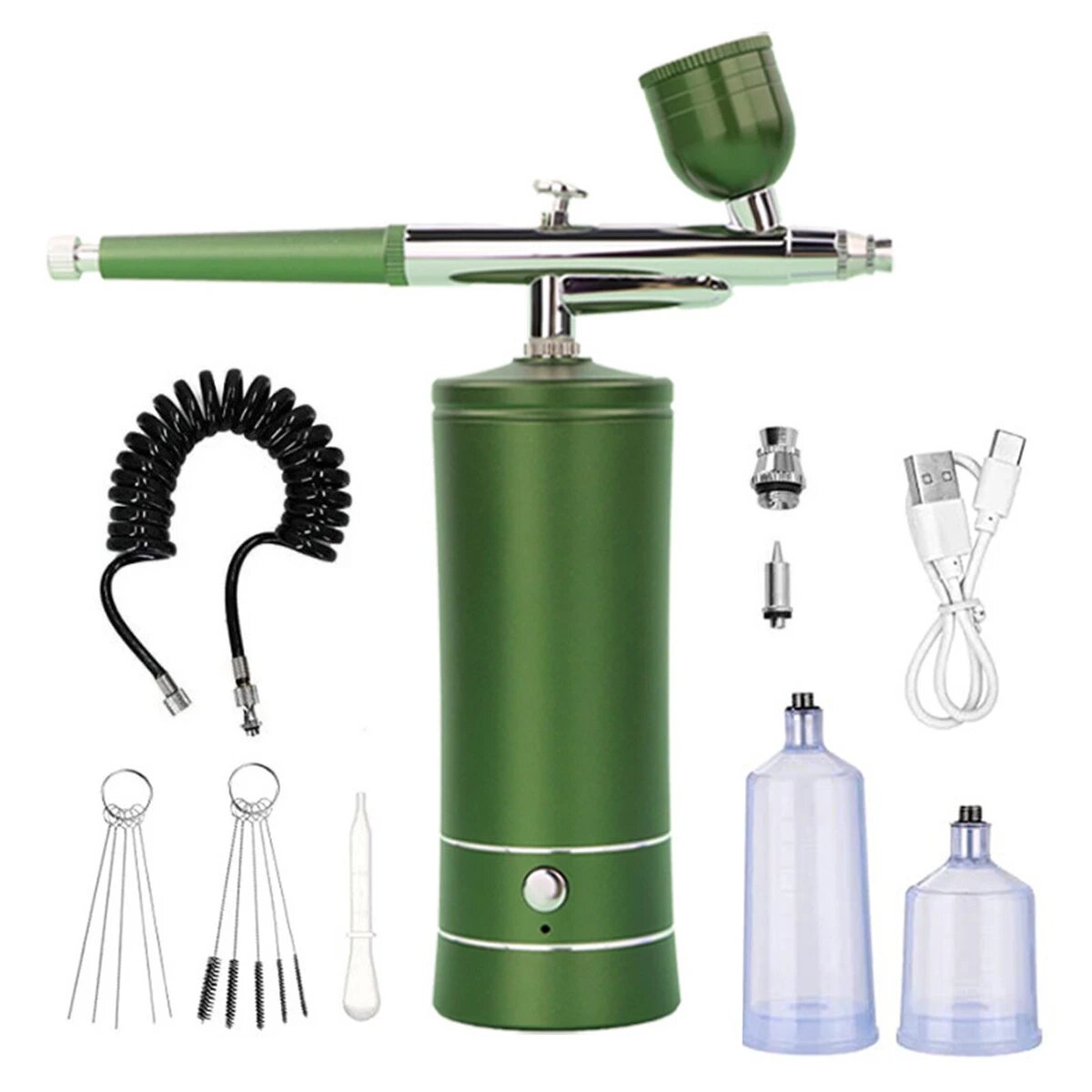 Набор: аэрограф черный, компрессор, 3 бачка для краски, пипетка, набор мундштуков, кабель Type-C, шланг, Зелёный