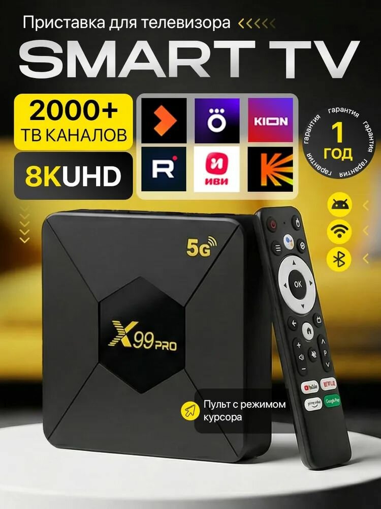 Смарт ТВ приставка для телевизора Андроид Wi-Fi, 8/128 ГБ, 8K ULHD, приставка для цифрового тв с пультом / медиаплеер