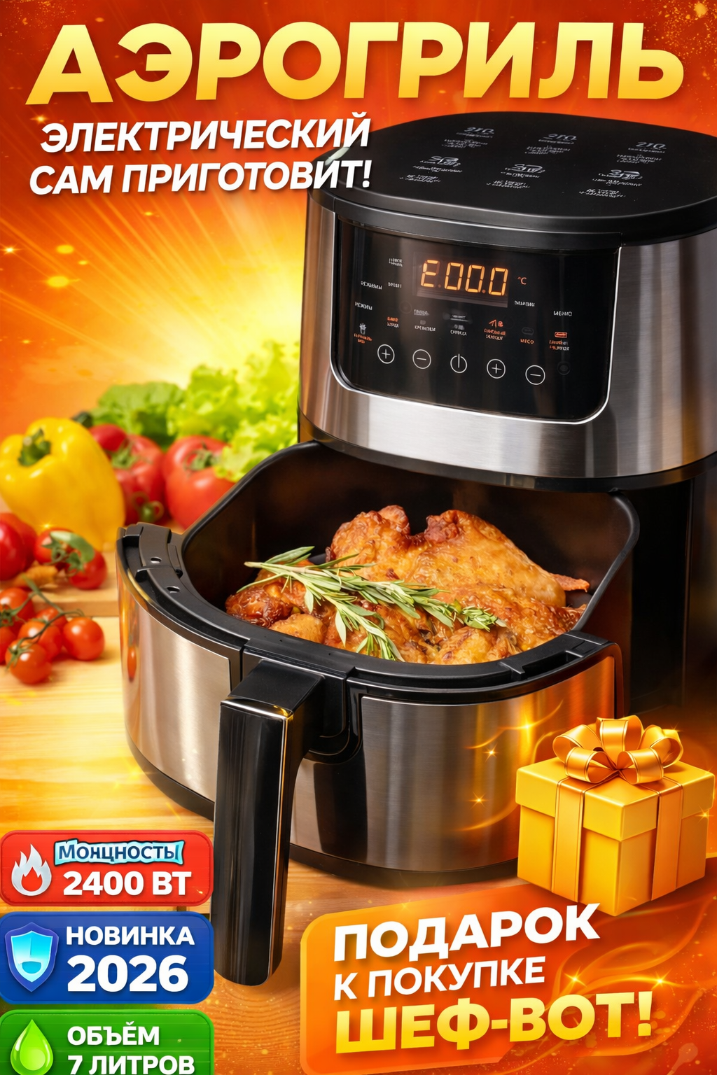 Аэрогриль 7 л, 2400 Вт, съемная крышка, антипригарное тефлоновое покрытие