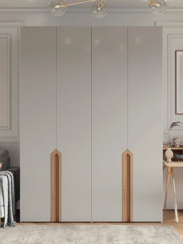 Casa Mia 200x55x210 см. Шкаф для одежды в спальню распашной, 4-дверный, кашемир, эксклюзивная ручка из дуба
