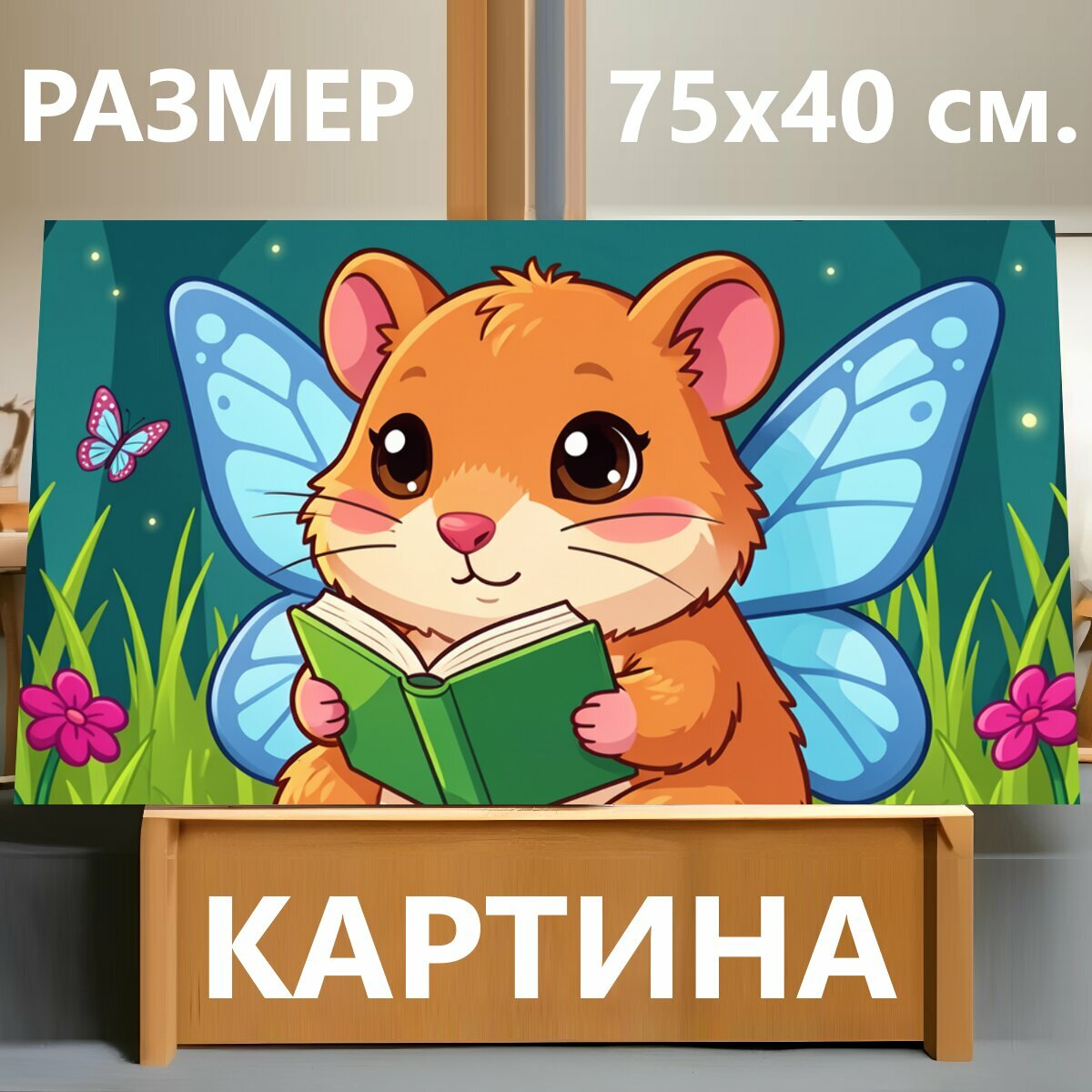 Картина на холсте "Милый зверёк с крыльями в лесу. Очаровательный мультяшный грызун с голубыми крыльями читает книгу среди травы и цветов." на подрамнике 75х40 см. для интерьера