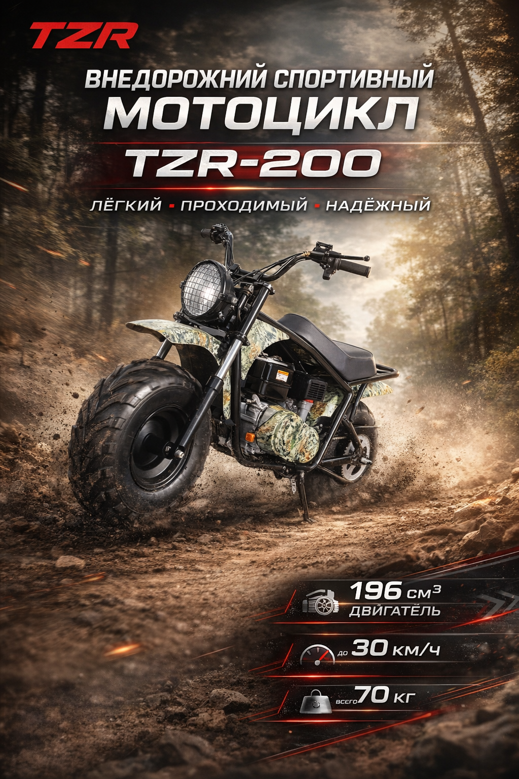 Мотоцикл TZR TZR-200, спортивный, максимальная скорость 35, для бездорожья