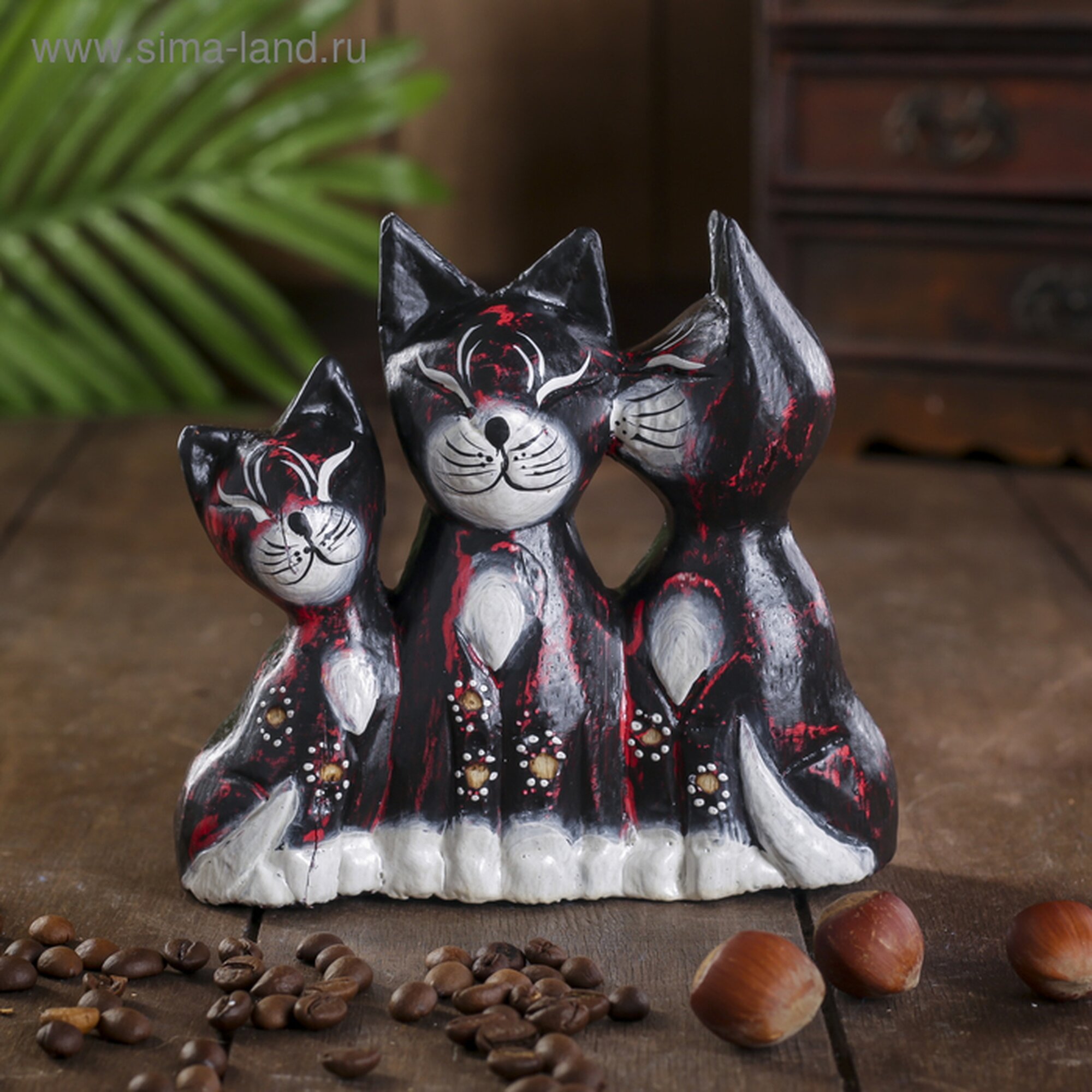 Статуэтка "Кошки с колокольчиком", дерево, коричневый, 4 x 13 x 13 см