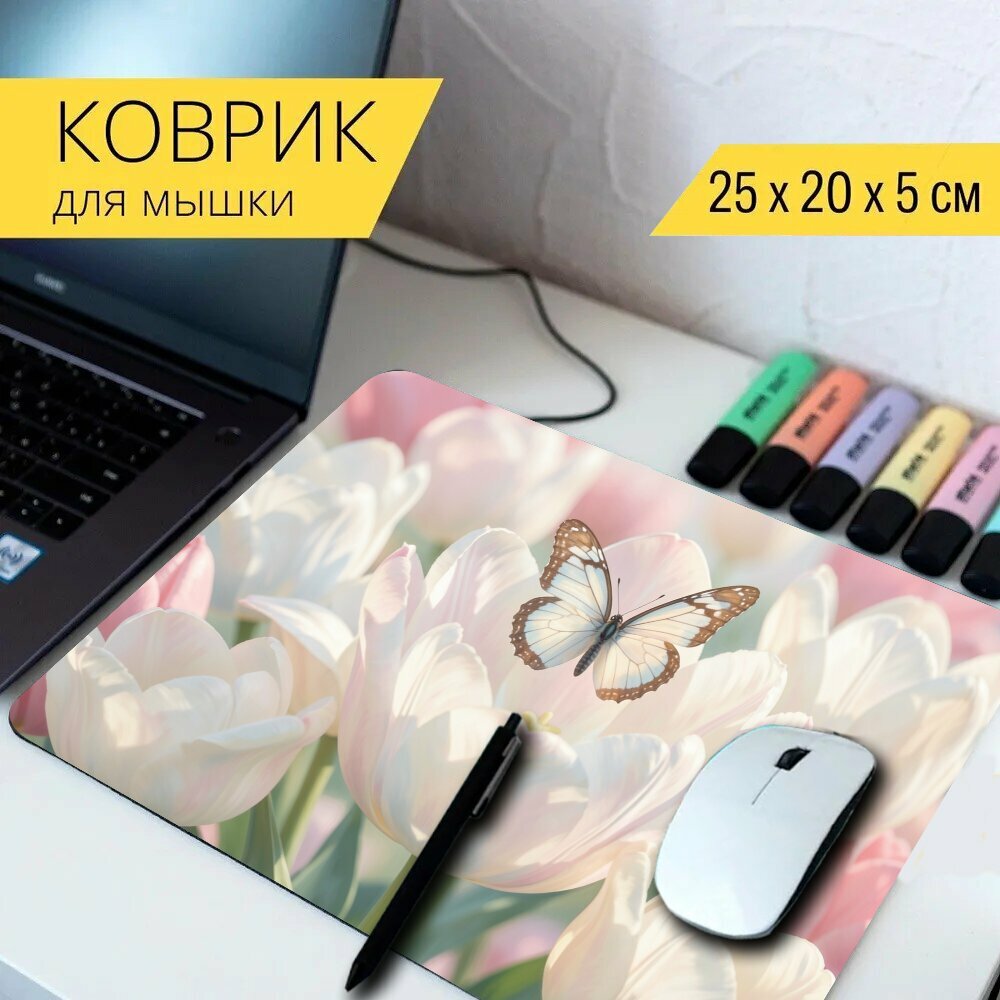 Коврик для мыши с принтом "Бабочка над нежными тюльпанами. Воздушная весенняя композиция с легкими лепестками в пастельных розово-белых оттенках, мягкое рассеянное." 25x20см.