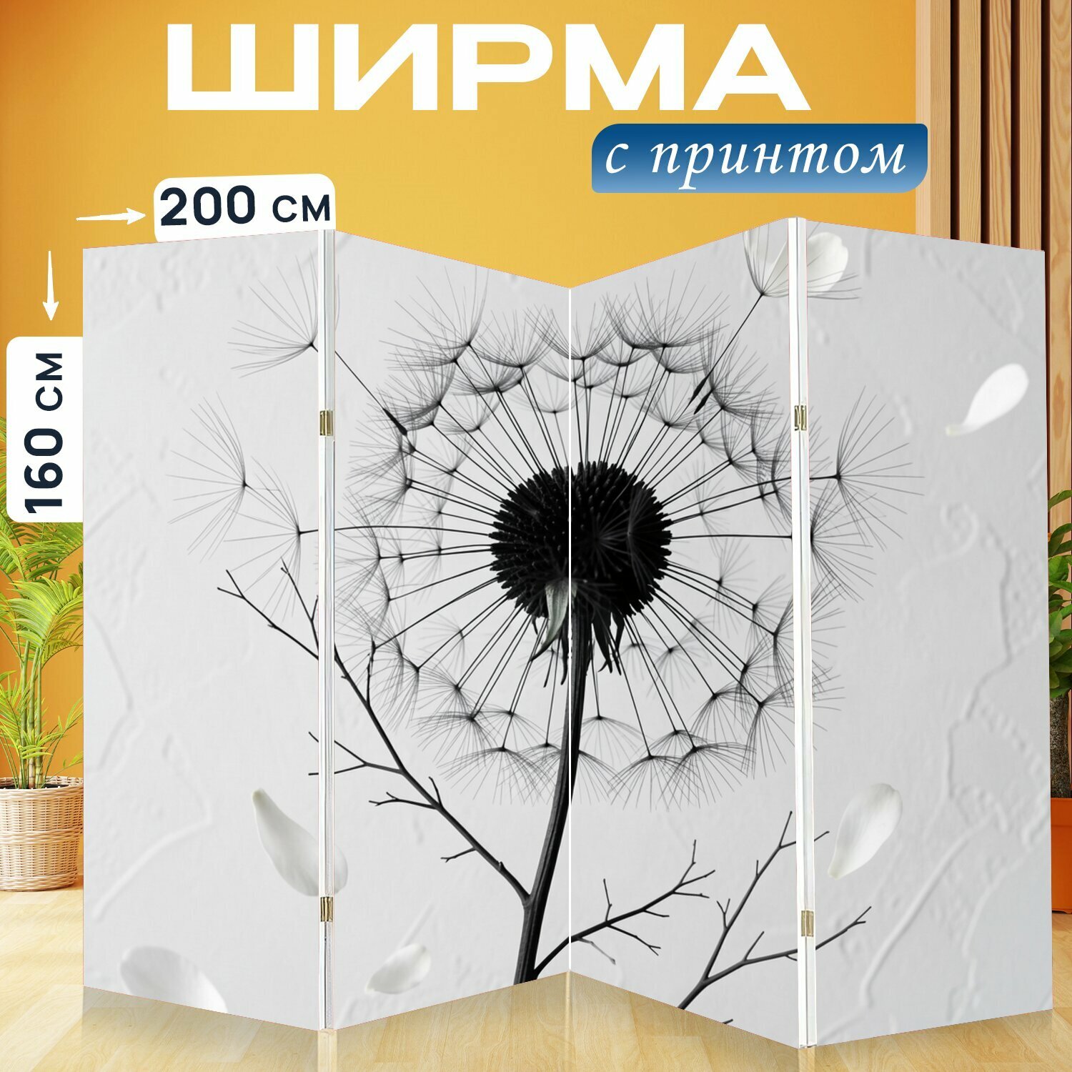 Ширма "Одуванчик в минималистичном стиле. Лаконичная черно-белая композиция с пушистым семенником, тонкими." перегородка для зонирования комнаты с принтом 200x160 см. на холсте