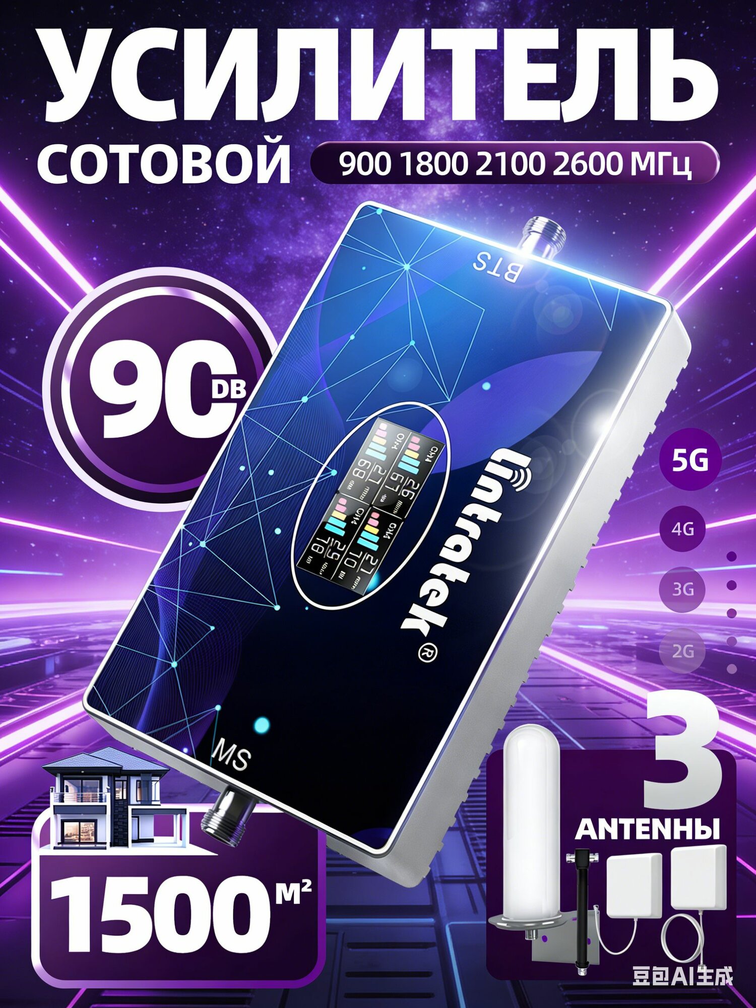 Усилитель сигнала сотовой связи и интернета. LTE 2G 3G 4G 5G GSM 900 1800 2100 2600 МГц с покрытием 1500 м2 90 дБ, Ретранслятор сигналов системы безопасности
