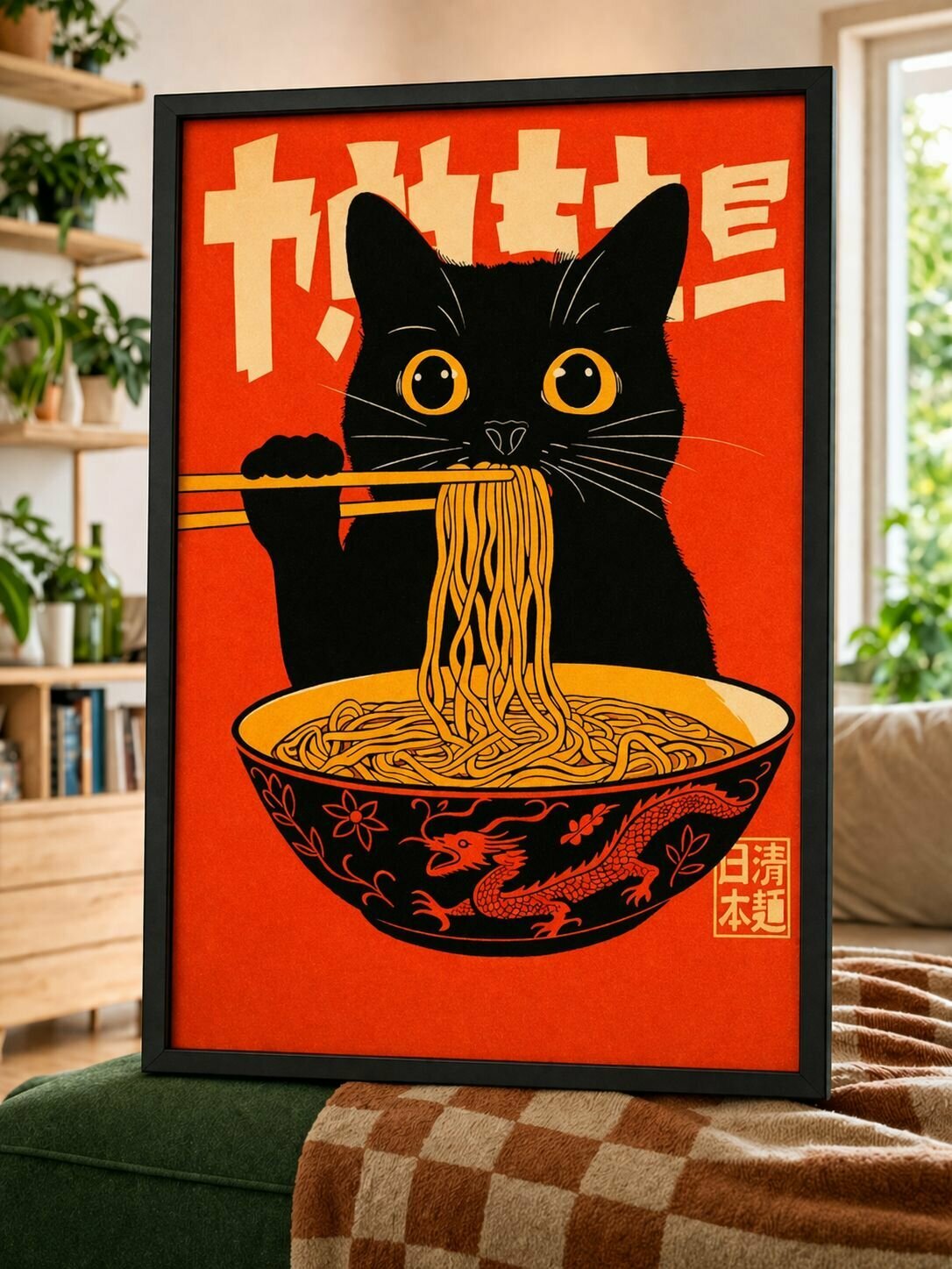 Постер на стену черный кот с лапшой 30х40 см милый плакат на стену, интерьерный декор