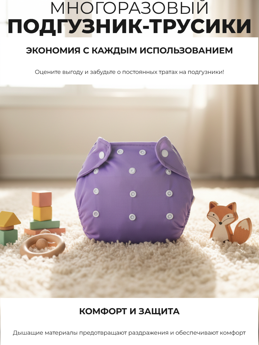 Подгузник - трусики для приучения к горшку многоразовый. "Эко-подгузник", размер 0-14кг, фиолетовый