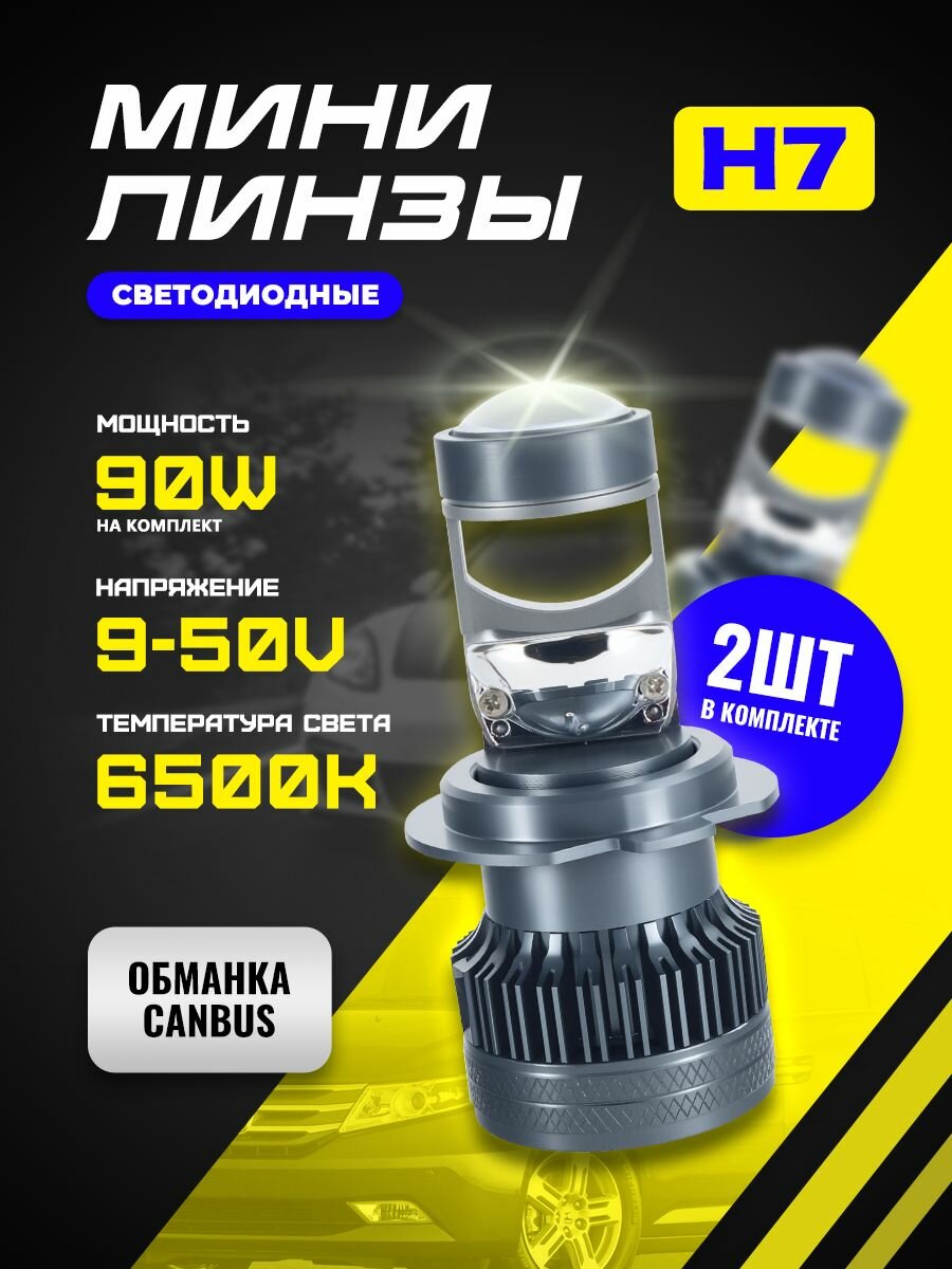 Лампы автомобильные светодиодные мини линзы H7 LED 90Вт, белый свет
