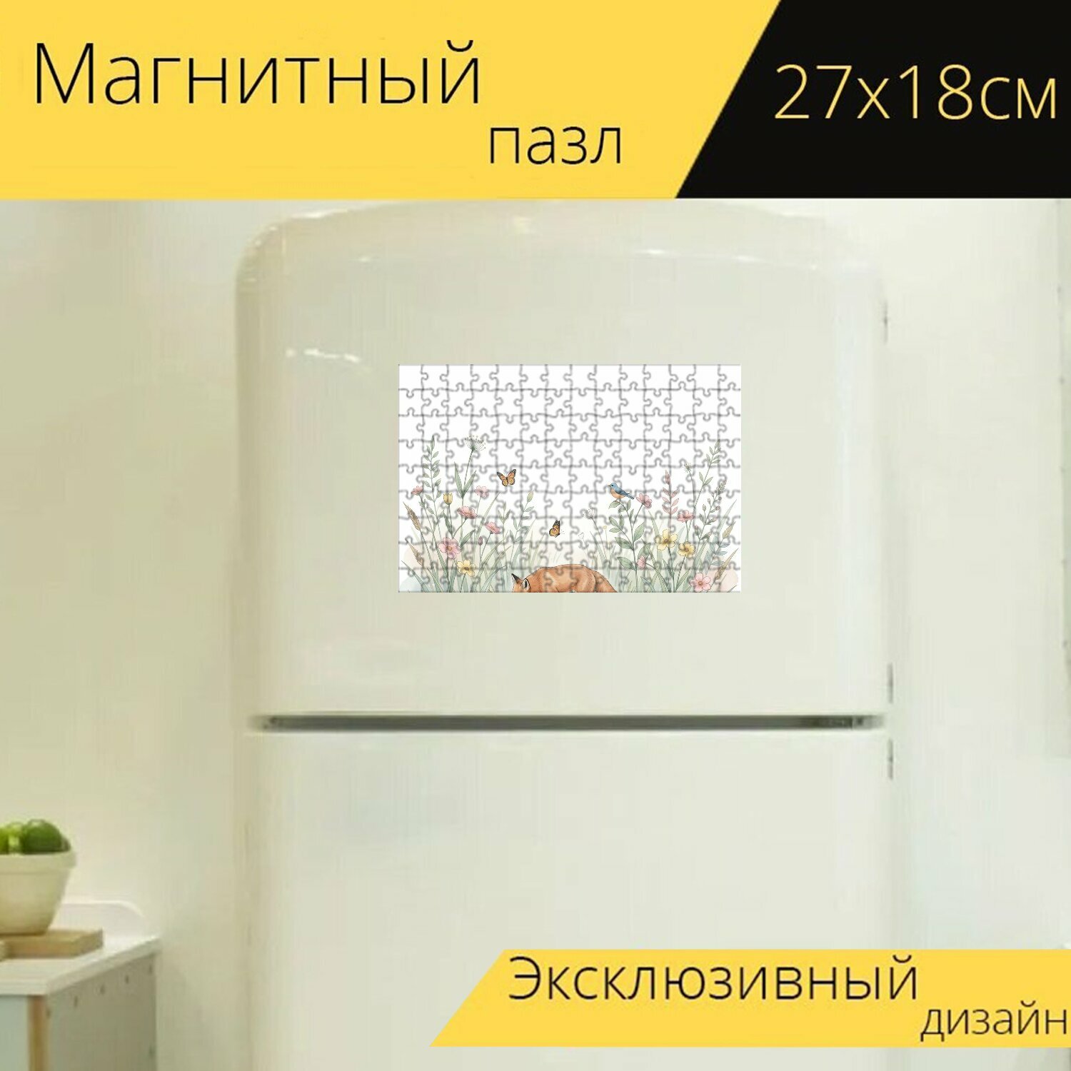 Магнитный пазл "Лиса среди полевых цветов. Нежная акварельная иллюстрация с рыжей лисичкой на лесной лужайке, окружённой травами, бабочками и птичкой." на холодильник 27 x 18 см.