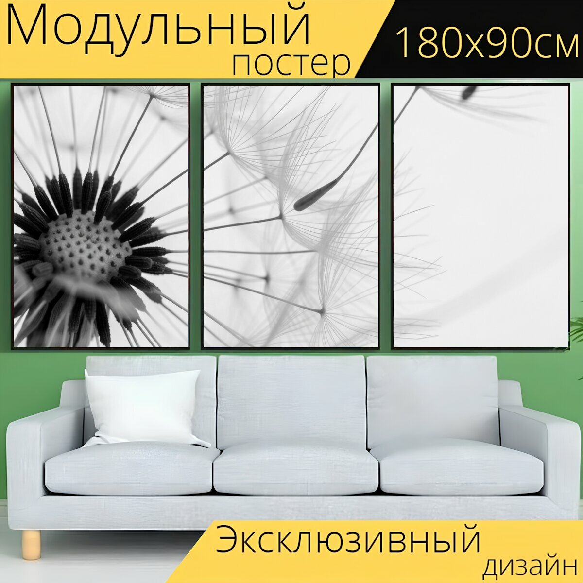 Модульный постер "Макро одуванчика в монохроме. Нежный крупный план воздушных семян и тонких пушинок на светлом фоне. Черно-белая." 180 x 90 см. для интерьера на стену в тубусе