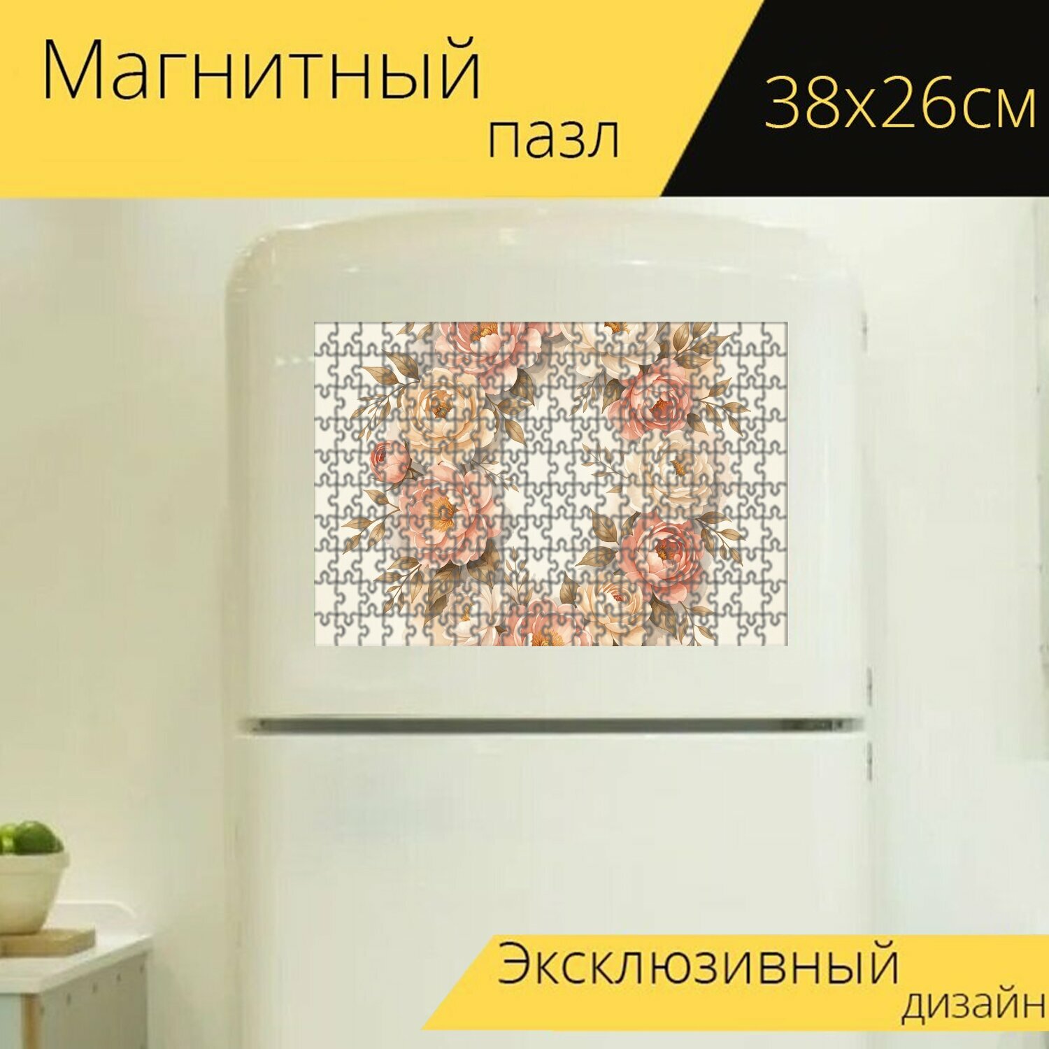 Магнитный пазл "Нежный венок из пионов. Акварельная цветочная композиция в пастельных тонах: розовые и кремовые бутоны, бежевые листья, круглая рамка из." для интерьера, 38х26 см.