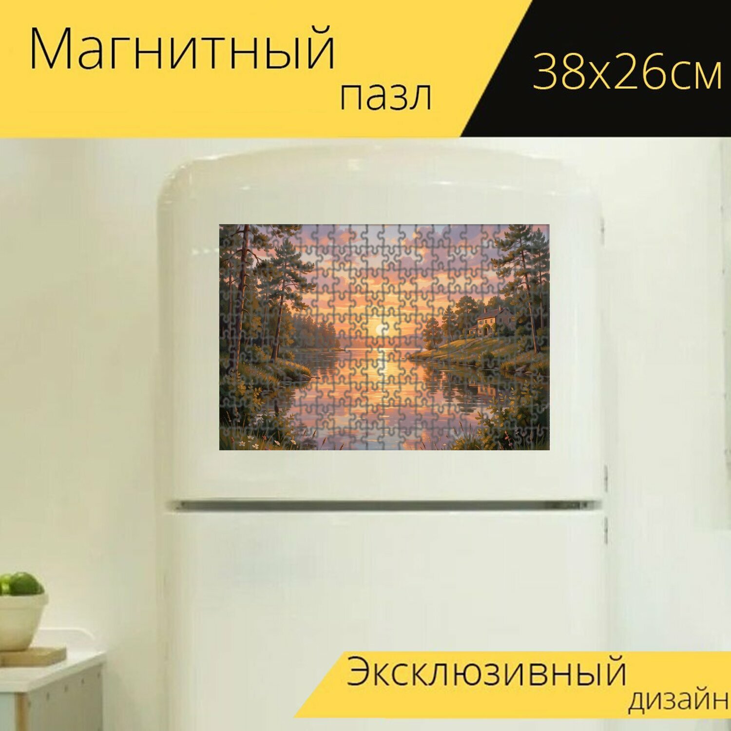 Магнитный пазл "Лесное озеро с домом на закате. Живописный вечерний пейзаж: спокойная река среди сосен, уютный коттедж на берегу, отражение солнца в воде." для интерьера, 38х26 см.
