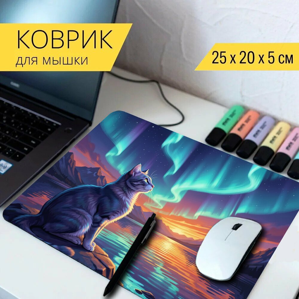 Коврик для мыши с принтом "Кот у озера под северным сиянием. Сказочная иллюстрация с пушистой кошкой на камне у водной глади, горными вершинами, звездным небом и полярным." 25x20см.