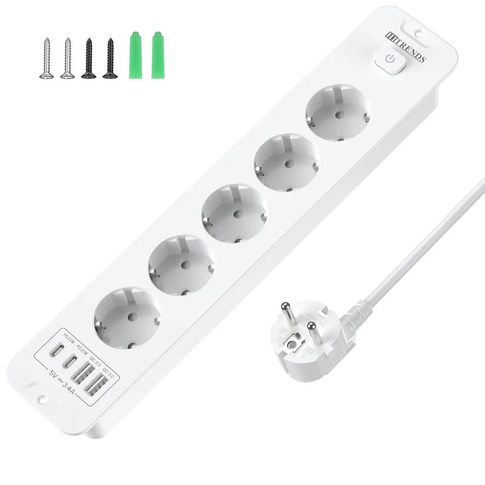 HITRENDS Розетка с 5 AC, 2 USB и 2 Type-C разъемами, встроенный USB-хаб, 3*1.5 мм кабель (2 м), черный