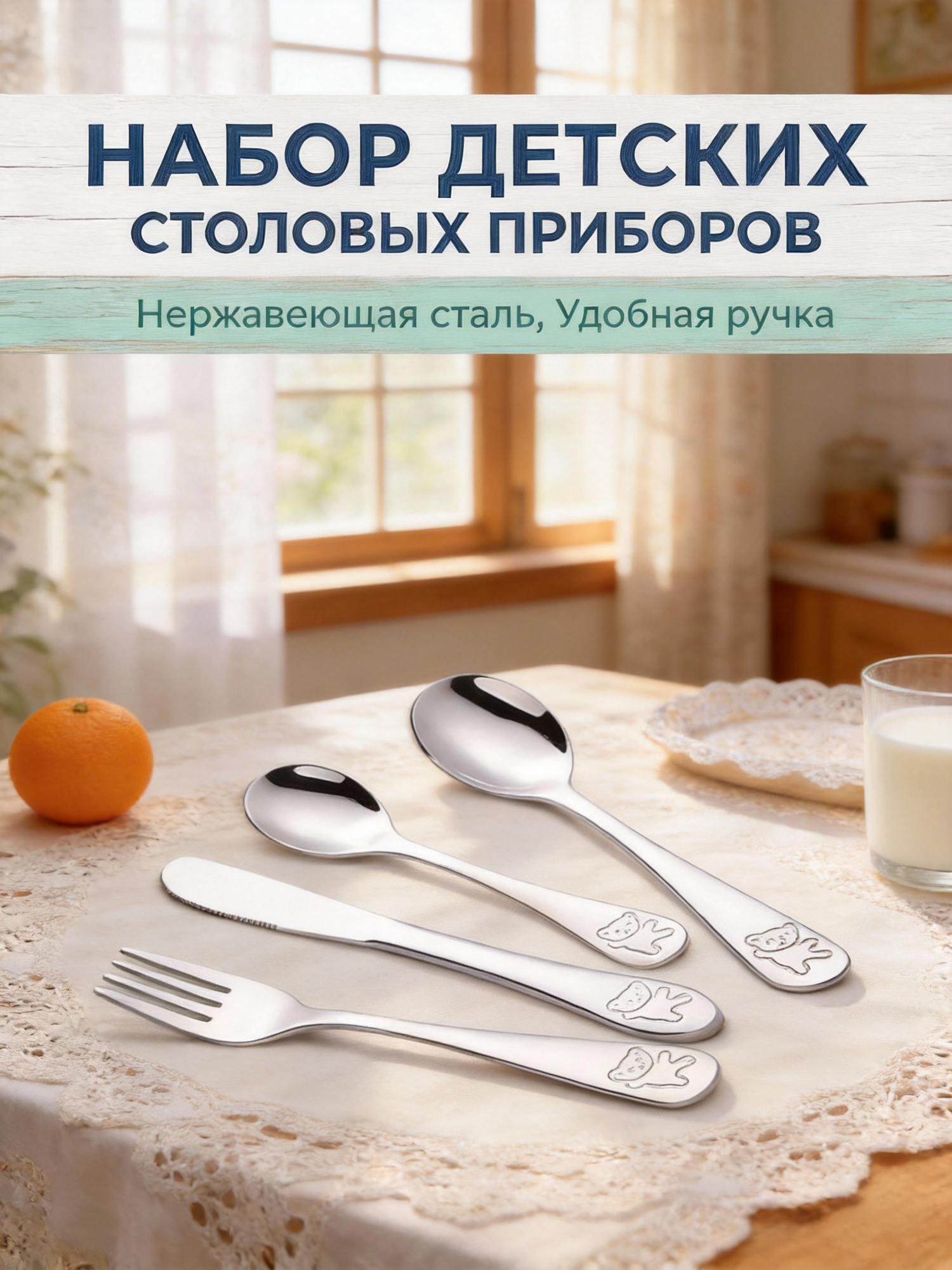 Набор детских столовых приборов 4 предмета, ложка чайная и десертная, вилка и безопасный ножик — посуда для кормления детей старше 3 лет, подарок на Новый год