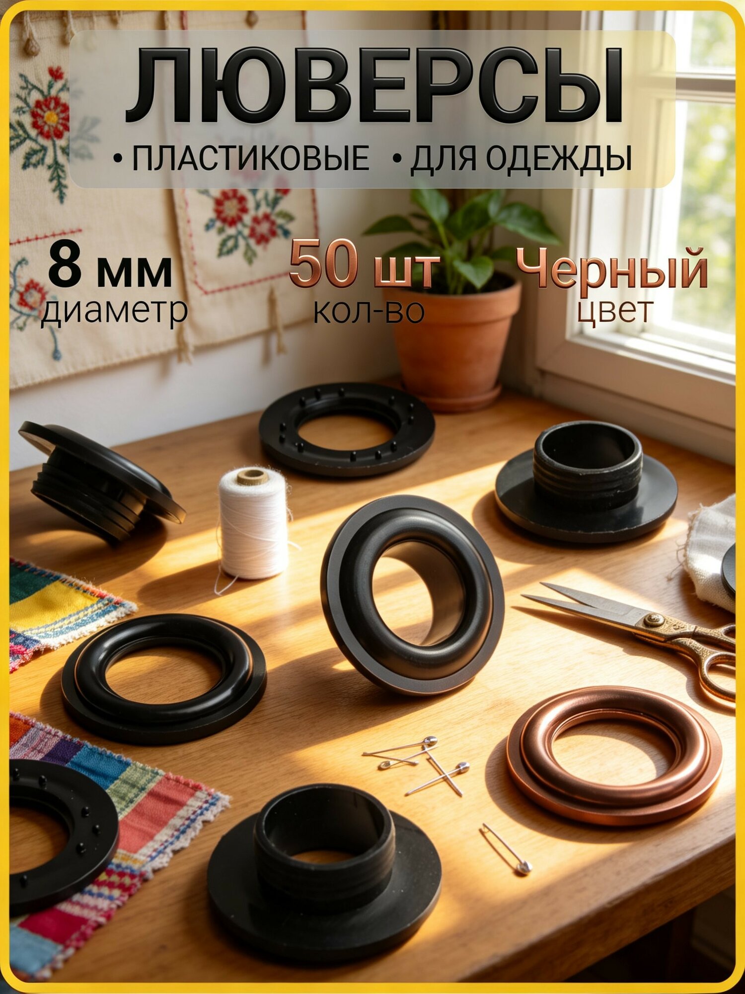 Пластиковые люверсы для ткани и баннеров, защёлкивающийся комплект блочка и кольца 8 мм и 10 мм, чёрный и белый, лёгкие коррозиеустойчивые