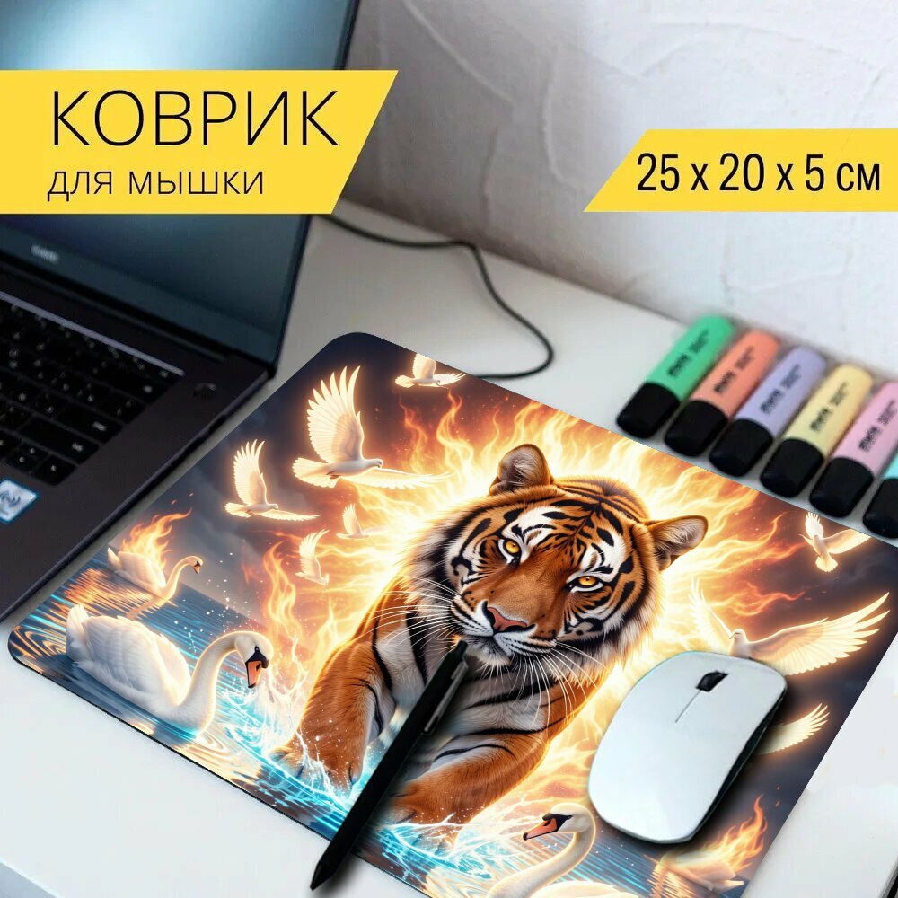 Коврик для мыши с принтом "Тигр в огненном сиянии. Могучий хищник среди пламени и воды, в окружении белых голубей и лебедей. Фантазийная цифровая иллюстрация, яркие." 25x20см.