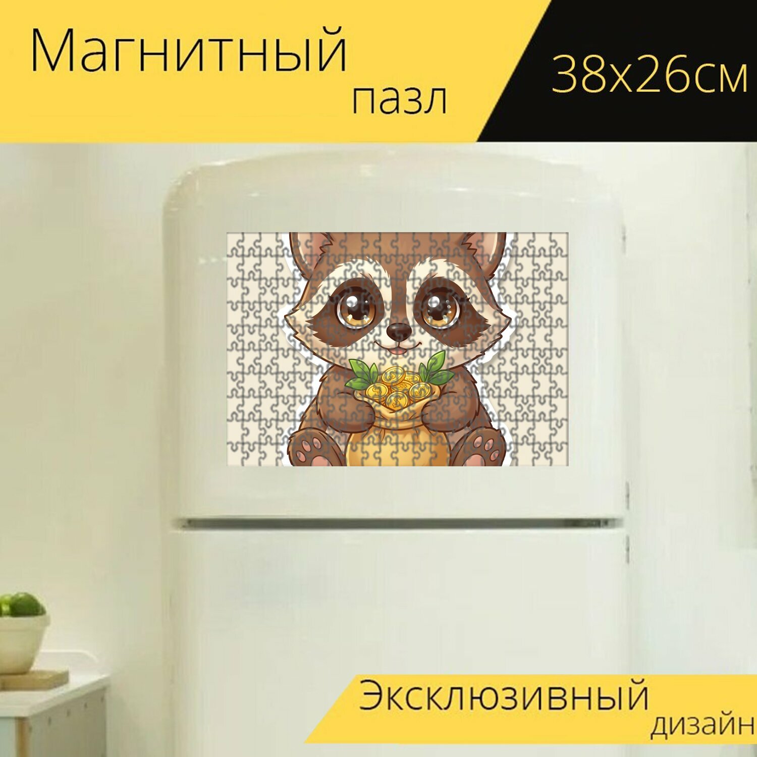 Магнитный пазл "Милый енот с мешком монет. Очаровательный мультяшный зверек с большими блестящими глазами держит золотые деньги в мешочке с зелеными." для интерьера, 38х26 см.