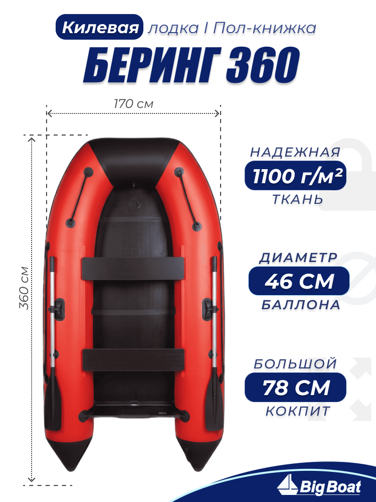 Надувная, под мотор, килевая лодка из ПВХ для рыбалки Bering (Беринг) 360К пол-книжка