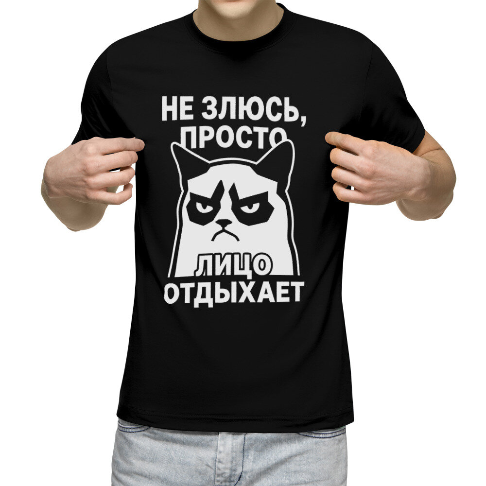 Мужская футболка «Унылый, сердитый кот, мем. Не злюсь. Прикол» (черный, 2XL)