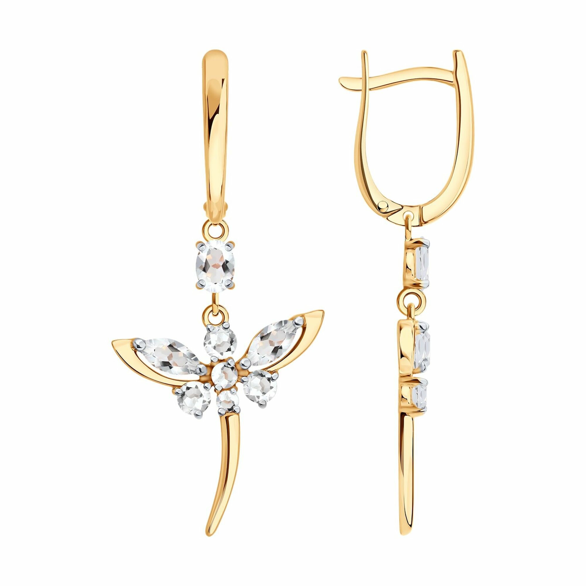 Серьги, красное золото, 585 проба, горный хрусталь